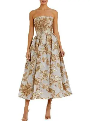 Mac Duggal Strapless Floral Brocade Midi Dress With Pockets - Bronze