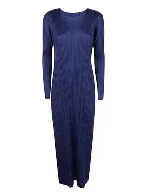 PLEATS PLEASE Long Sleeve V-neck Midi Dress - Blue