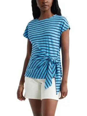 Caslon Drop Shoulder Tie Front Top - Blue Maya Navy Stripe