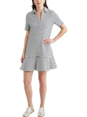 Caslon Henley Short Sleeve Polo Dress With Ruffled Hem - Ivory- Navy Stripe