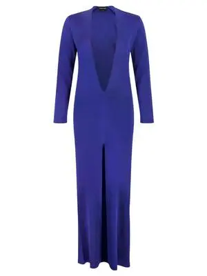 TOM FORD Plunging V-neck Front Slit Maxi Dress - Blue