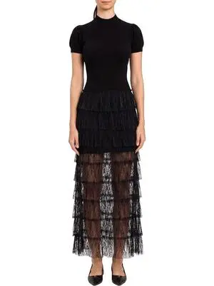 TWINSET Lace Tiered Midi Dress - Black