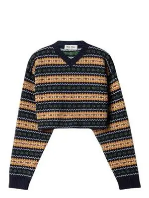 Miu Miu V-neck Fair Isle Knit Cropped Sweater - Blue