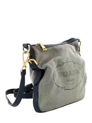 Prada Logo Messenger Bag Canvas With Leather - Blue