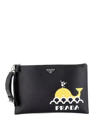 Prada Saffiano Leather Convertible Zip Clutch Crossbody Bag - Black