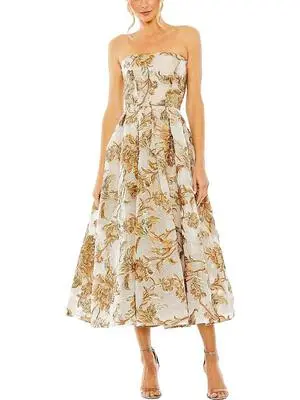 Mac Duggal Strapless Brocade Midi Dress With Pockets - Bronze