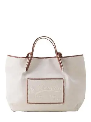 LANVIN Catch Canvas Tote Bag - Ecru/cognac Leather Trim.