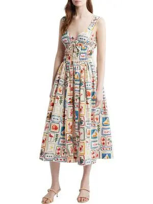 Moon River Postcard Print Cotton Midi Dress - Beige Multi