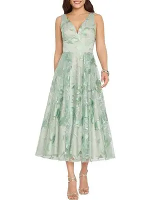 TAHARI ASL Metallic Embroidered V-neck Midi Dress - Willow/silver