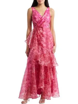 Eliza J Sleeveless Floral Ruffle Evening Gown - Fuchsia