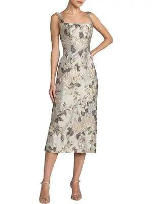 Mac Duggal Brocade Sleeveless Square Neck Midi Dress - Platinum Multi
