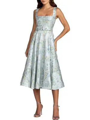 Mac Duggal Sleeveless Belted A-line Midi Dress - Blue Multi