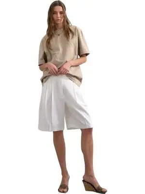 Topshop Linen Blend Wide-leg Bermuda Shorts With Pleats - Ecru