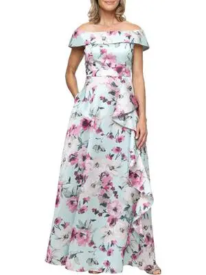 Alex Evenings Floral Off-shoulder Yoryu Gown - Mint Multi