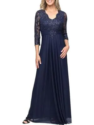 Alex Evenings Sequin Chiffon Gown With Embroidered Bodice And 3/4 Illusion Sleeves - Navy