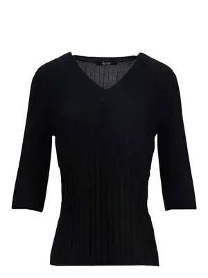 LA ROSE Ribbed Knit V-neck Top - Black