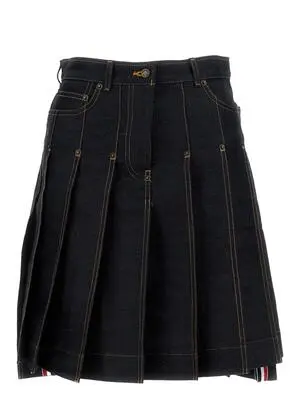 Thom Browne Pleated Denim Skirt With Contrast Stitching - Blue