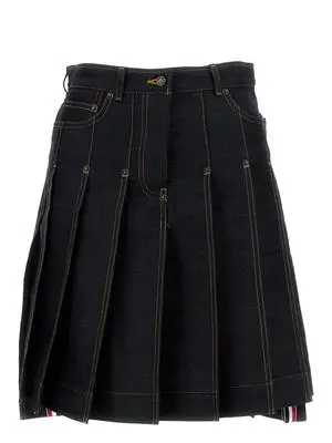 Thom Browne Pleated Denim Skirt With Contrast Stitching - Blue