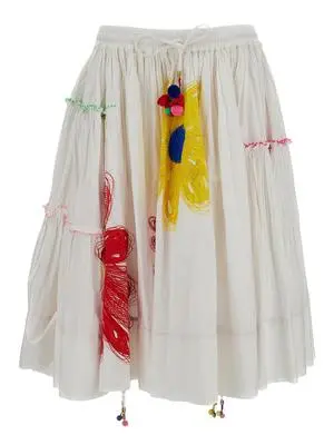 Pero Péro Tiered Cotton Skirt With Embroidered Appliqués And Pom-poms Bianco