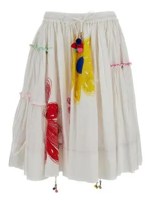 PERO Péro Tiered Cotton Skirt With Embroidered Appliqués And Pom-poms