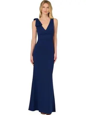 Adrianna Papell Sleeveless V-neck Gown With Bow Shoulder Detail - Navy Sateen