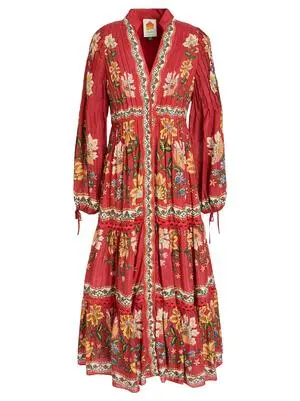 Farm Rio Pintucked Floral-print Cotton-blend Midi Dress - Red