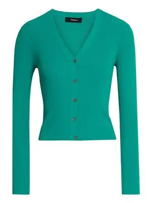 Theory Cropped Ribbed Knit Cardigan - Jade