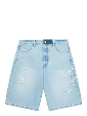 RtA Oversize Embroidered Denim Bermuda Shorts - Soft Horizon Cursive