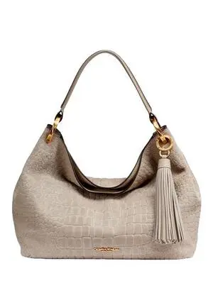 Donna Karan New York Glenwood Croc-effect Suede Shoulder Bag With Fringe - Moth
