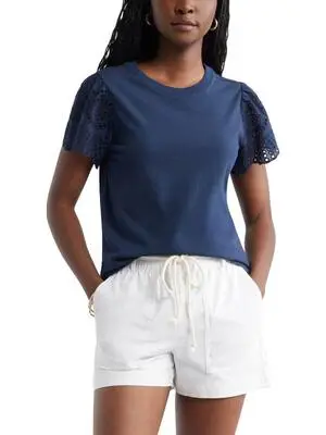 Caslon Eyelet Sleeve Mixed Media T-shirt - Navy Still