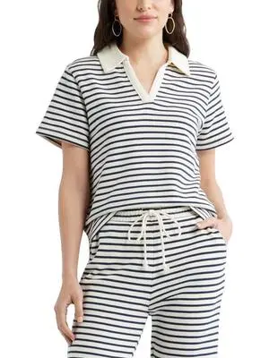 Caslon Caslon(r) French Terry Polo With Johnny Collar Ivory- Navy Stripe