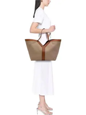 Saint Laurent Canvas Y Tote Bag With Leather Trim - Brown