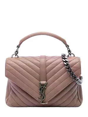 Saint Laurent Medium Chevron Sheepskin Monogram College Satchel - Brown