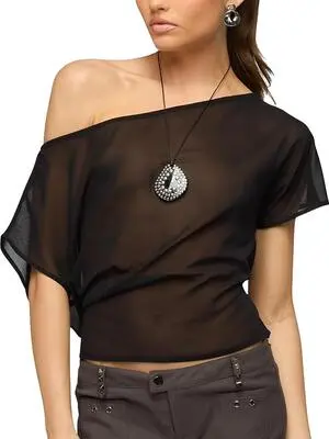 EDIKTED Sheer Chiffon Off Shoulder Top - Black