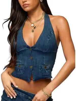 EDIKTED Sashe Button Up Denim Halter Top - Blue