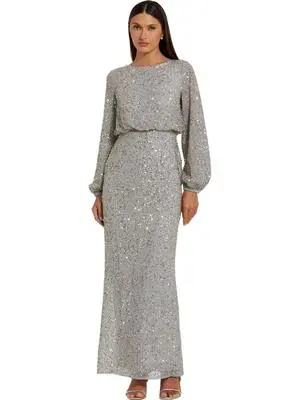 Mac Duggal Silver Sequin Blouson Long Sleeve Gown - Gray