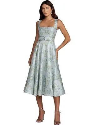 Mac Duggal Sleeveless Belted Floral A-line Midi Dress - Blue Multi