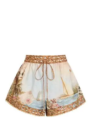 Zimmermann Printed Linen Shorts With Shell Embellishments - Multicoloured