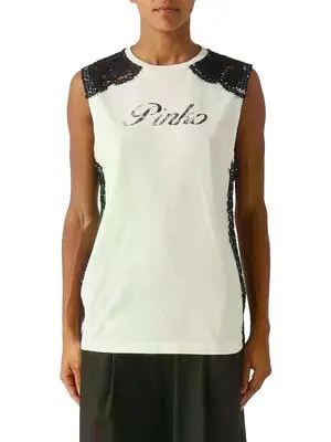 Pinko Lace-trim Logo Print Top - White
