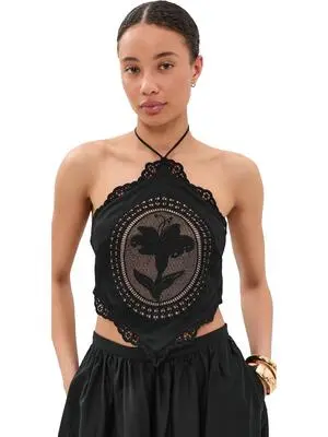 Retrofete Halter Neck Top With Floral Cutout And Lace Trim - Black