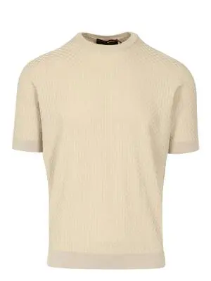 FILIPPO DE LAURENTIIS Cotton Textured Crew Neck Short Sleeve Top - Ecru