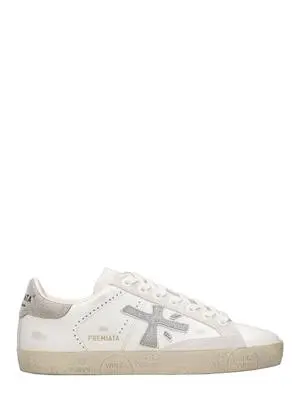 Premiata Leather And Suede Sneakers With Glitter Mesh Accents - White+silver