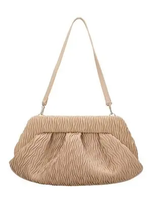 THEMOIRE Ruched Apple Leather Handbag With Shoulder Strap - Sand