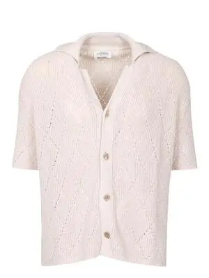 LANEUS Laneus Cotton Openwork Diamond Knit V-Neck Short Sleeve Sweater Beige