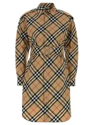 Burberry Burberry Belted Plaid Cotton Shirt Dress Printed