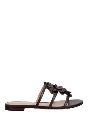 Twin-set Leather Flat Sandals With Floral Embellishment - Caffe