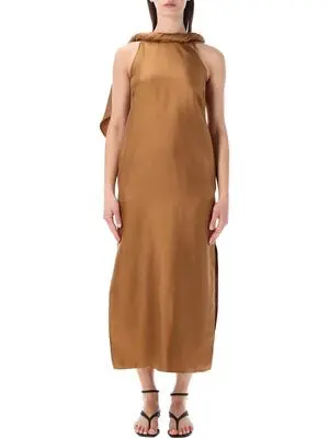 LOULOU Susan Twisted Collar Silk Dress - Macadamia