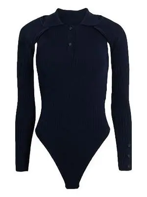 Jacquemus Ribbed Knit Bodysuit With Buttoned Neckline - Navy