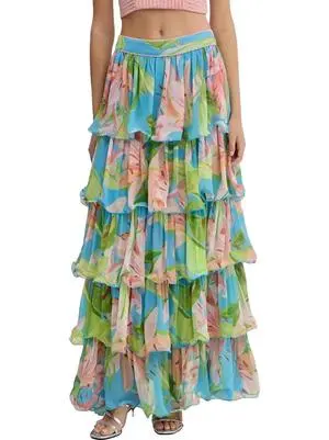 Farm Rio Lily Tiered Ruffled Maxi Skirt - Blue