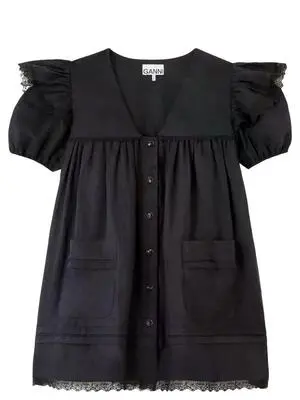 GANNI Ruffled Lace-trim Dress - Black